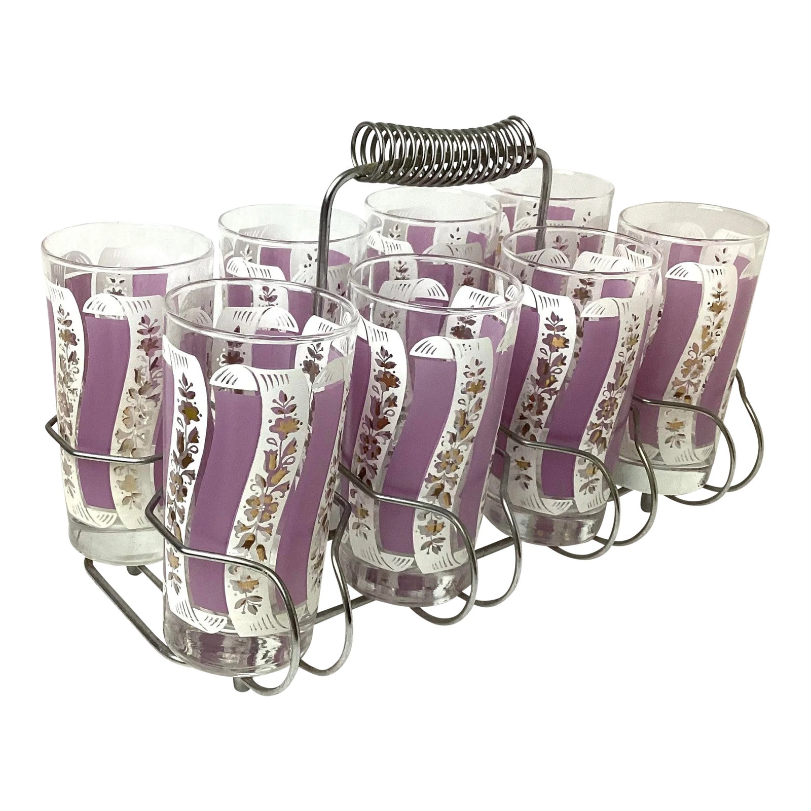 1960s Libbey Barclay MCM Lilac Floral Banner Tapestry Highball Glasses ...