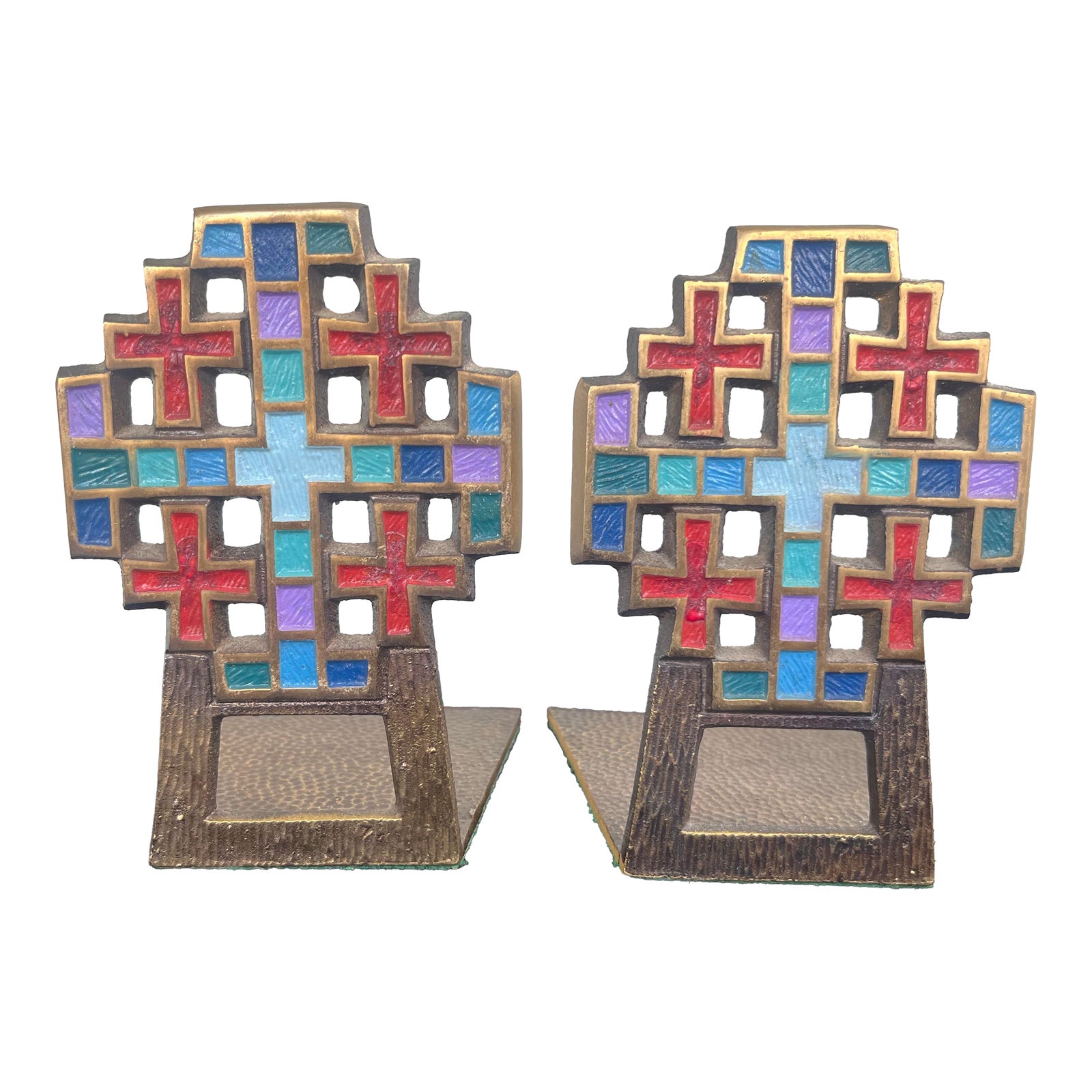 1969 Terra Sancta Guild Enamel Mosaic Cross Brass Bookends Set (Of 2 ...