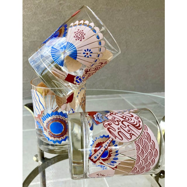 Mid-Century “Japanese Fans & Combs” Motif Lowball Glasses Attributed to ...