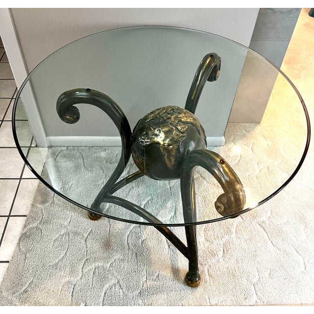 Bronze Scuptural Round Glass Center Table With Globe | Chairish