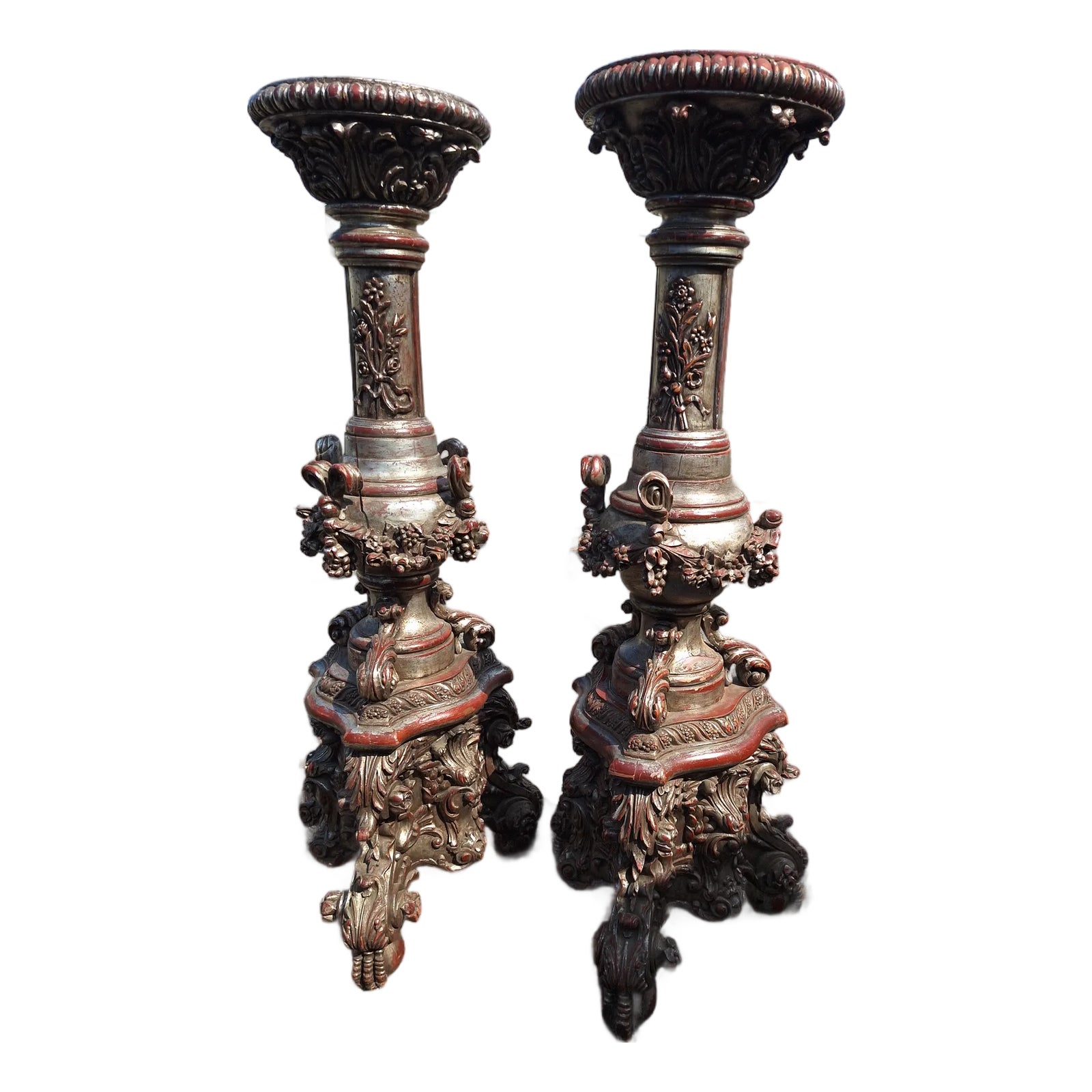 Pr. Of Antique Hand Carved Silver Leaf Continental Baroque Pedestals or ...