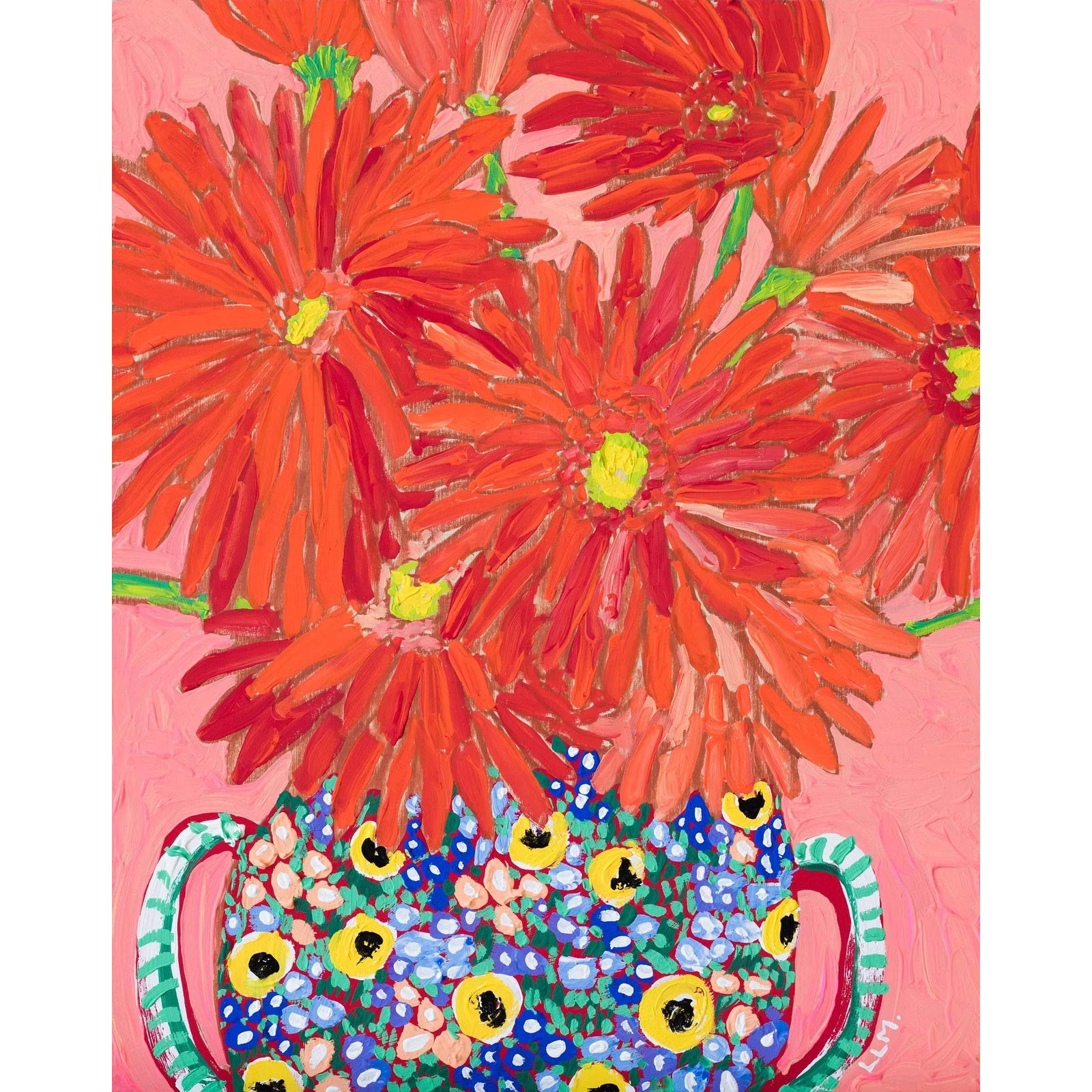 Orange Daisy Bouquet in Country Floral Vase on Pink Maximalist Original ...