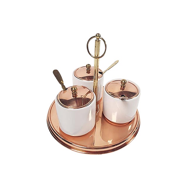 Vintage Copper and Ceramic Condiment Serving Caddy Set | Chairish
