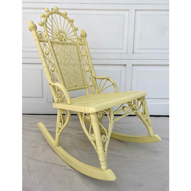 Early 20th C. Meringue Yellow Wicker Rattan Rocker | Chairish