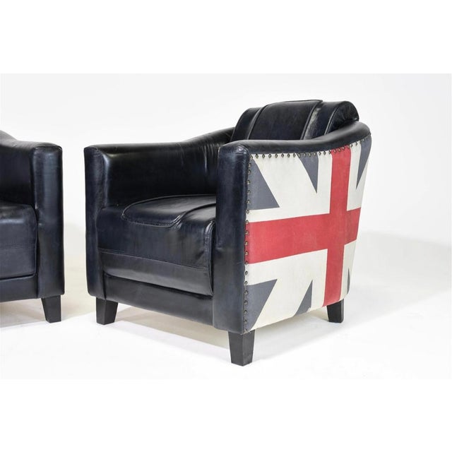 Art Deco Leather and Canvas Union Jack Club Chairs, Navy Blue - a Pair ...
