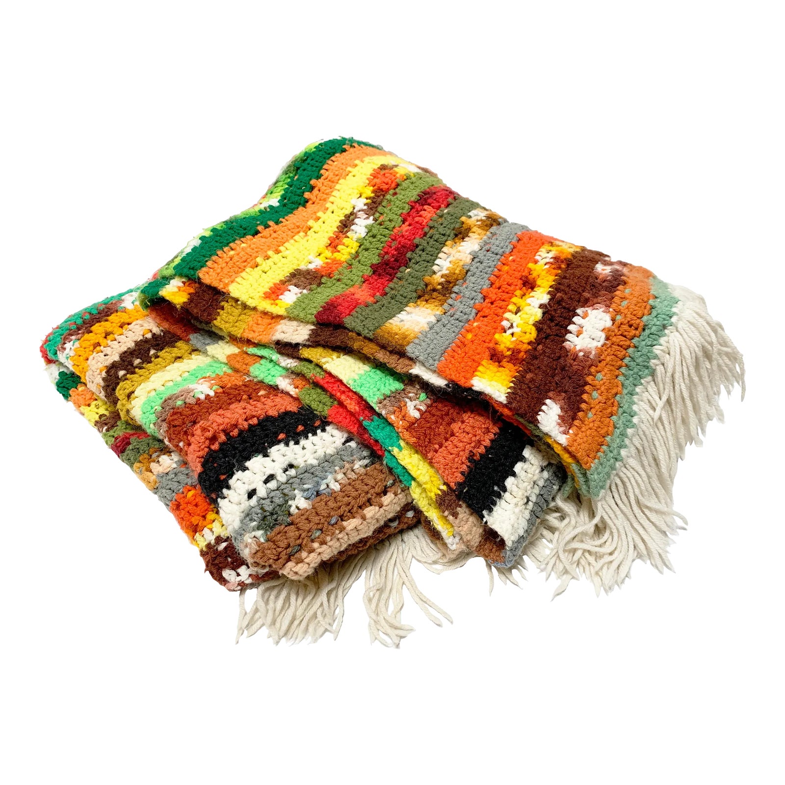 1970's Retro Hand Knit Multi-Colored Blanket Throw | Chairish