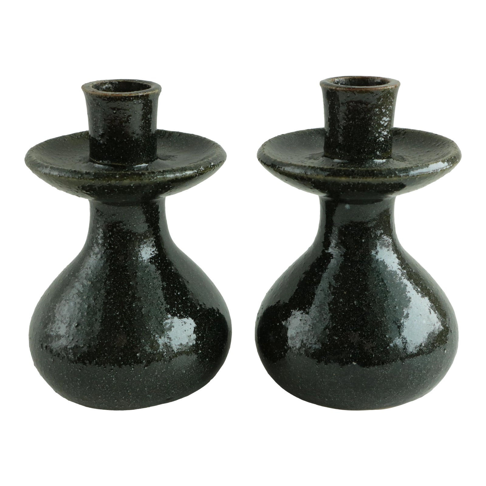 Mid-Century Pottery Candlestick Holders - a Pair | Chairish