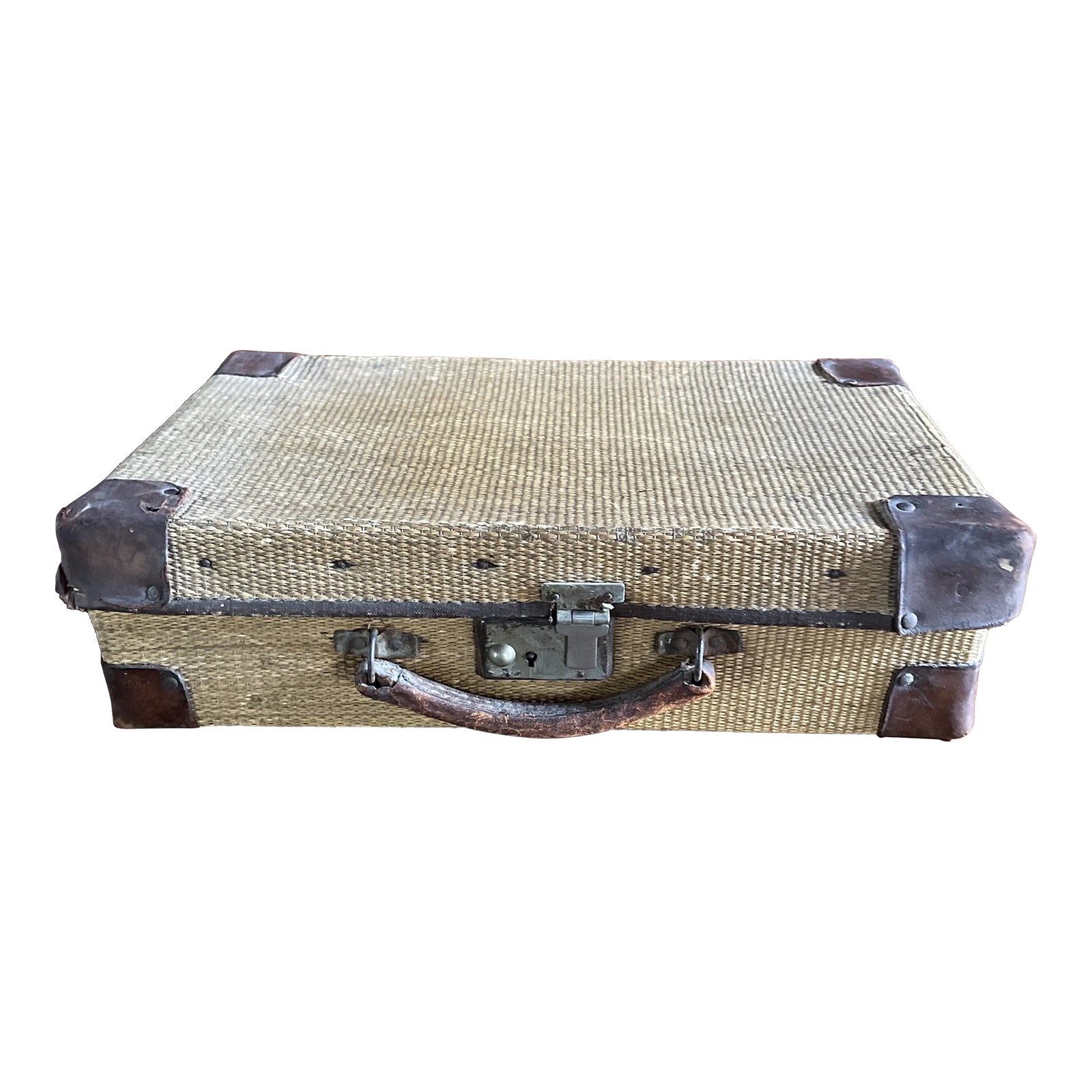 1900s Antique Edwardian Rattan Sisal Travel Suitcase with Leather ...