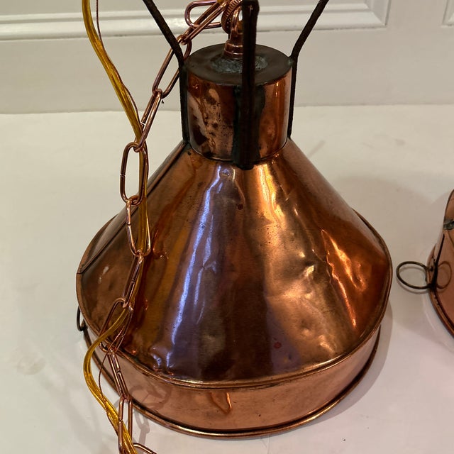 Pair of Antique Copper Milk Funnel Electrified Light Fixtures | Chairish