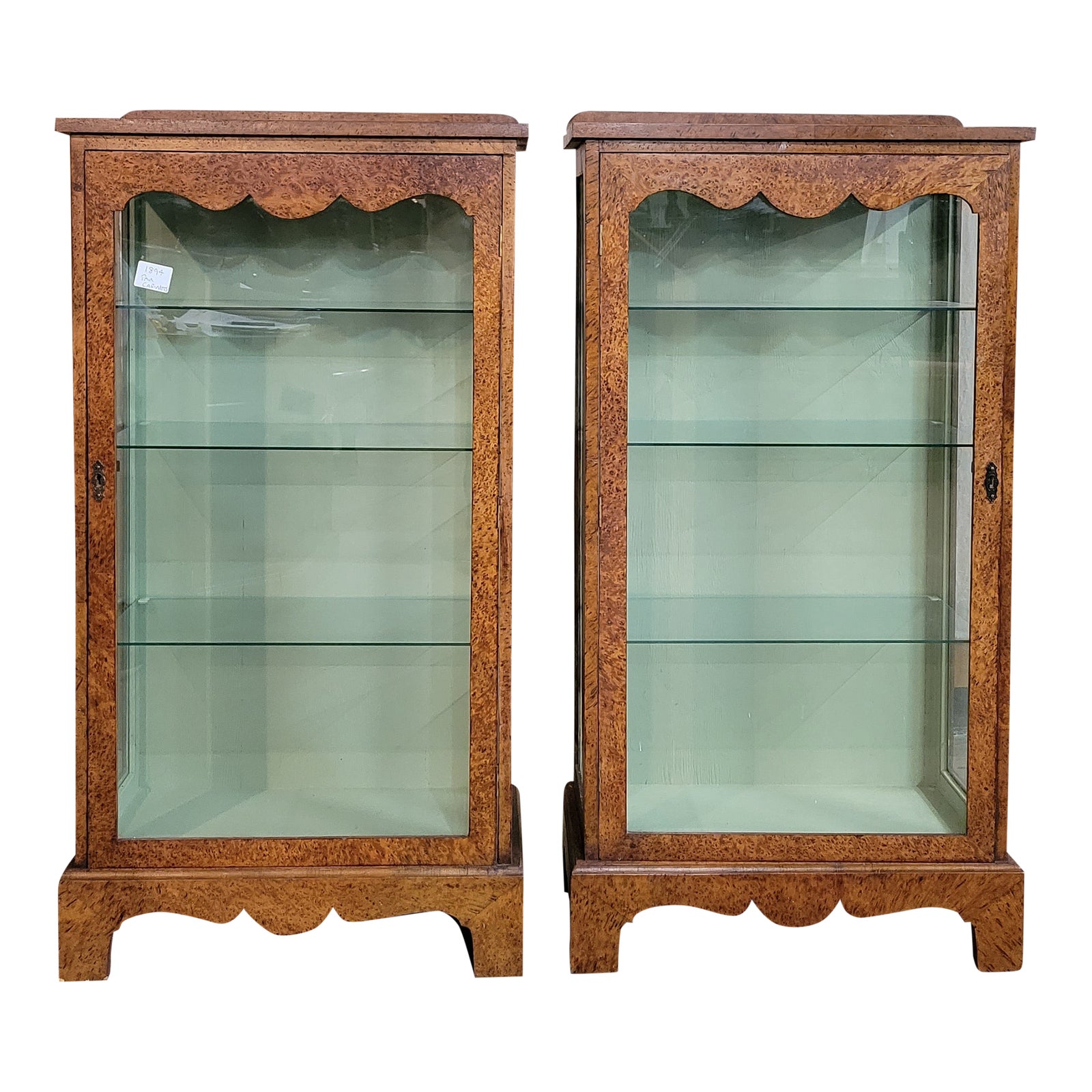 Pair of Amboyna Burl Wood Display Cabinets on Bracket Feet | Chairish