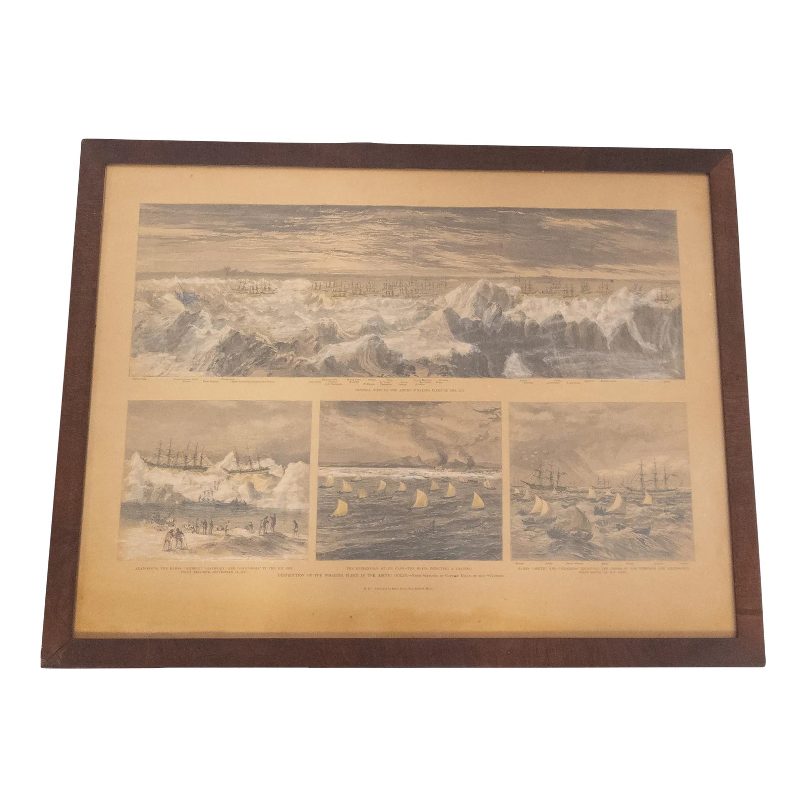 19th Century Hand Colored Nautical Engraving Print of Whaling Ships ...