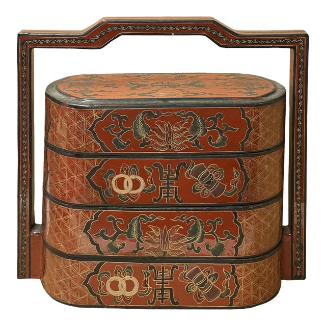Chinese Brick Red Lacquer Color Treasure Graphic Stack Box Basket ...