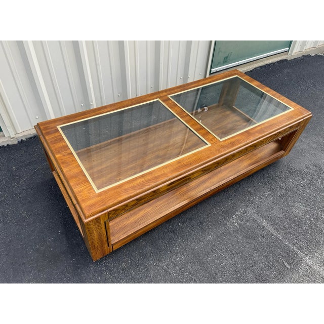 Mid Century Modern Walnut Gilded Glass Top Coffee Table | Chairish
