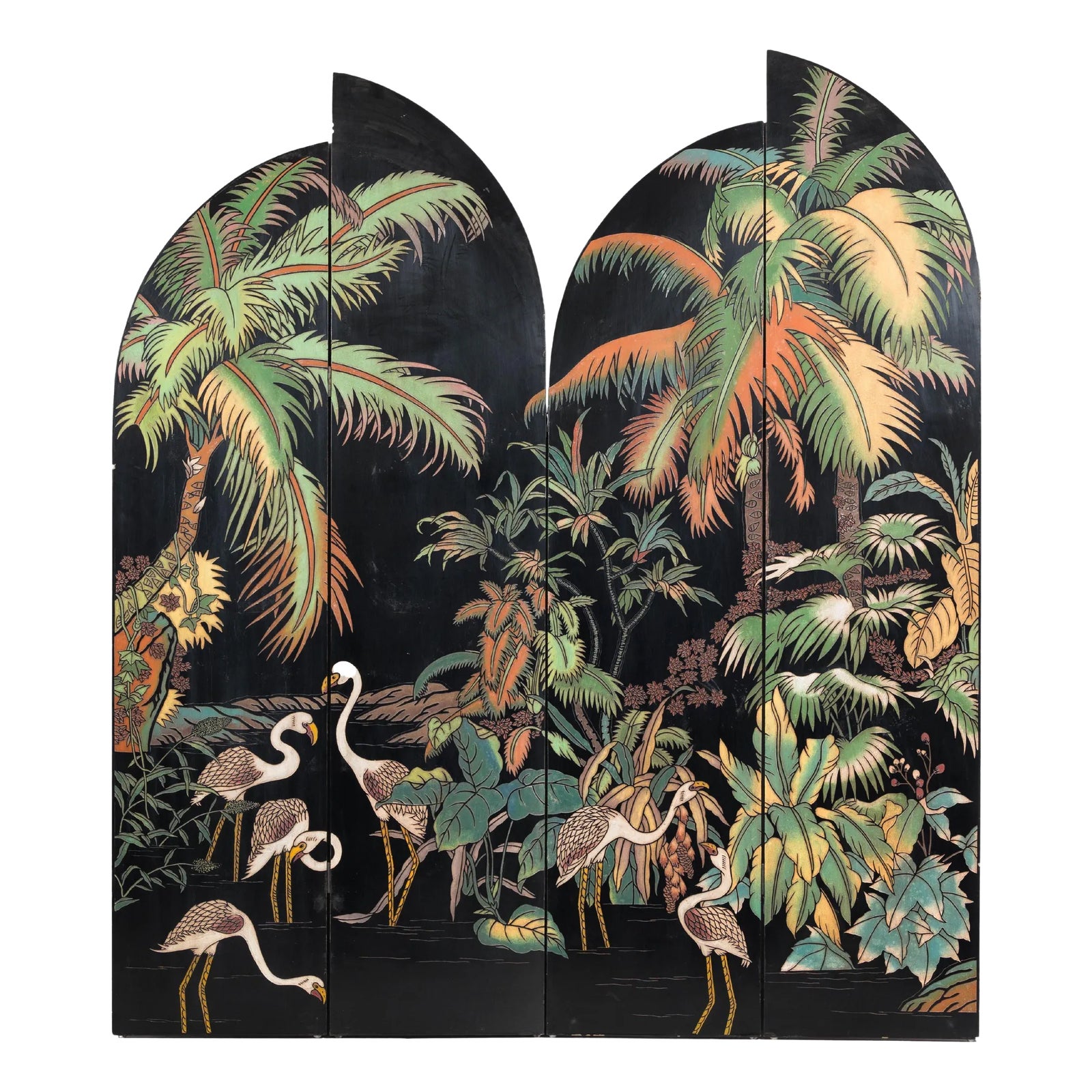 Four-Panel Screen with Curved Design and Raised Bird Decor | Chairish