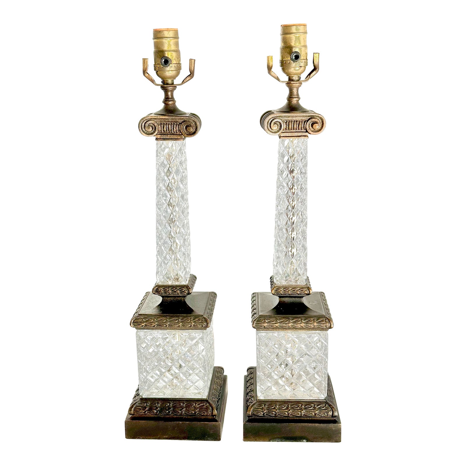 Pair of 1960s Crystal Marbro Style Capital Style Column Lamps | Chairish