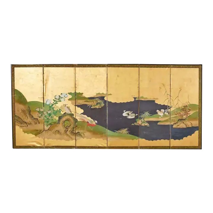 Japanese Meiji Six Panel Screen Kano School Bird Waterscape | Chairish