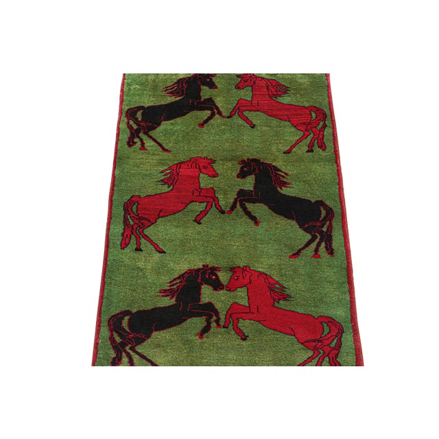 1950s Vintage Persian Rug in Green With Black and Red Horse Pictorials ...