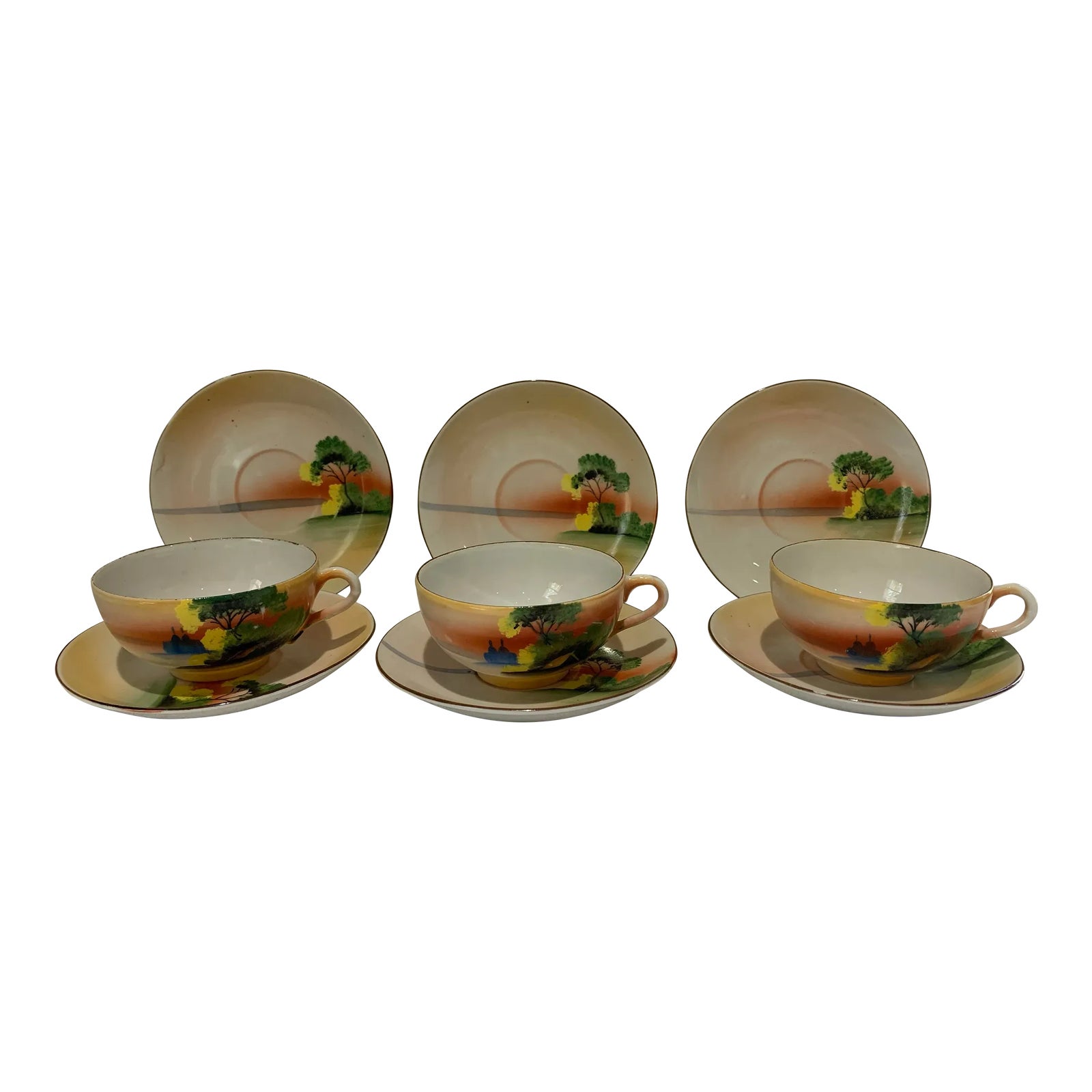 Vintage Japanese Chikaramachi Tea Cups & Saucers Village /Sunset Scene ...