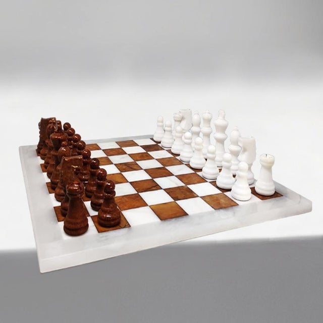 1970s Brown and White Chess Set in Volterra Alabaster, Handmade in ...