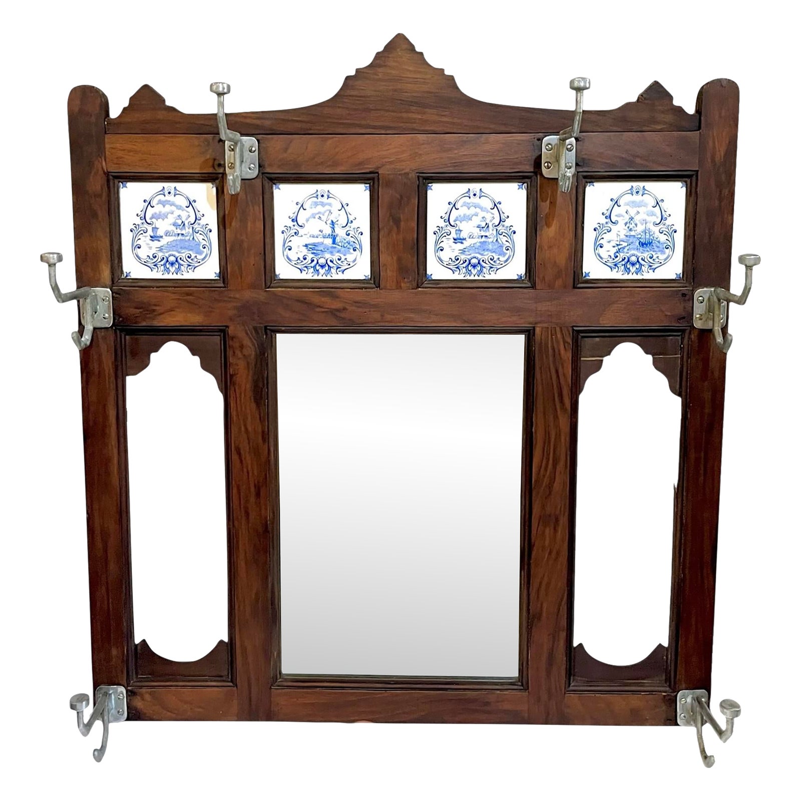 Antique English Walnut Mirrored Coat Hat Rack With Dutch Blue and White ...