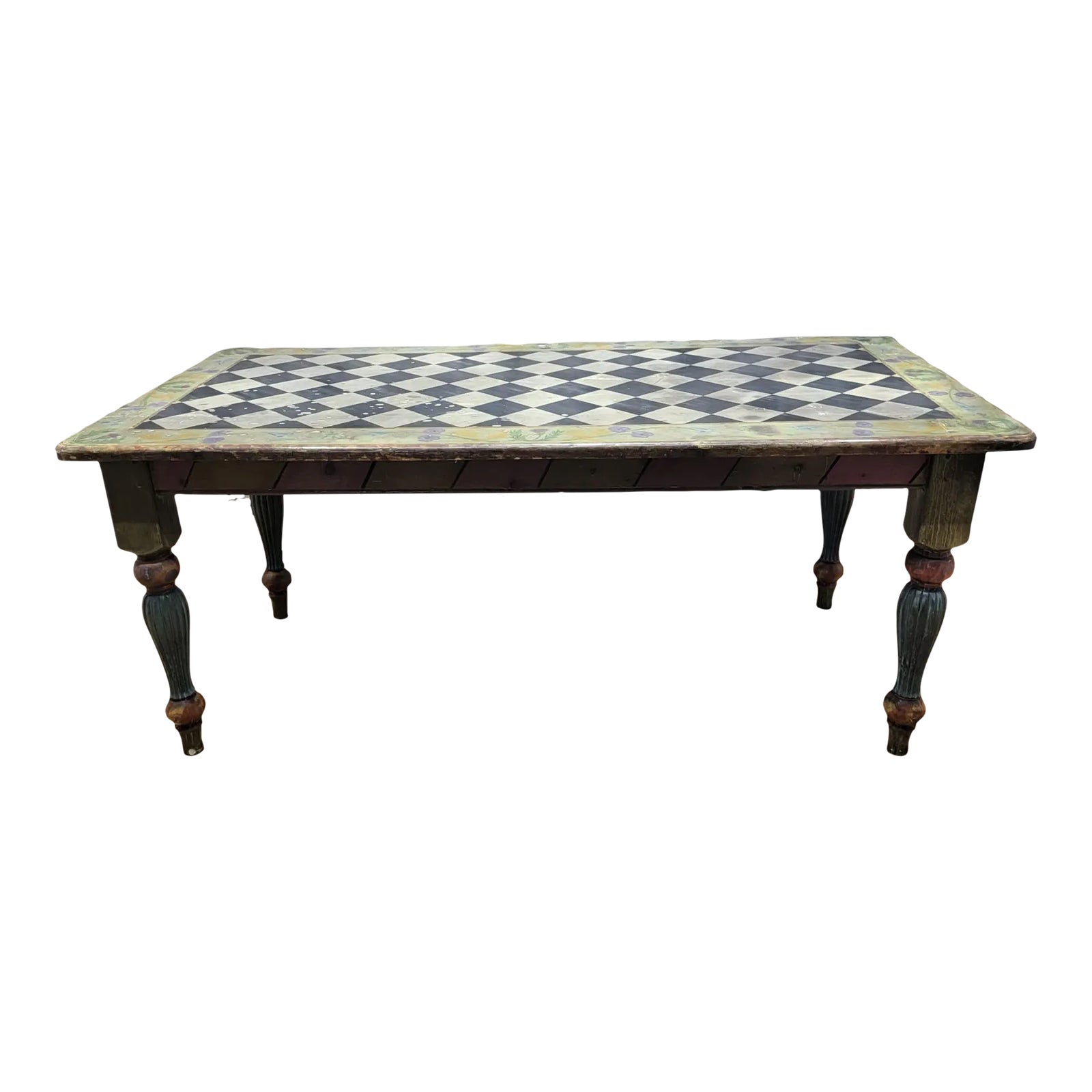 Vintage Rustic Checker Hand Painted Pine Dining Table | Chairish