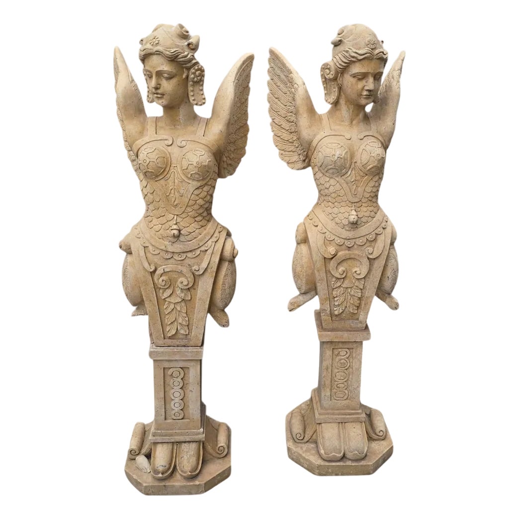 Italian Hand-Carved Marble Allegorical Winged Figures, 1980, Set of 2 ...