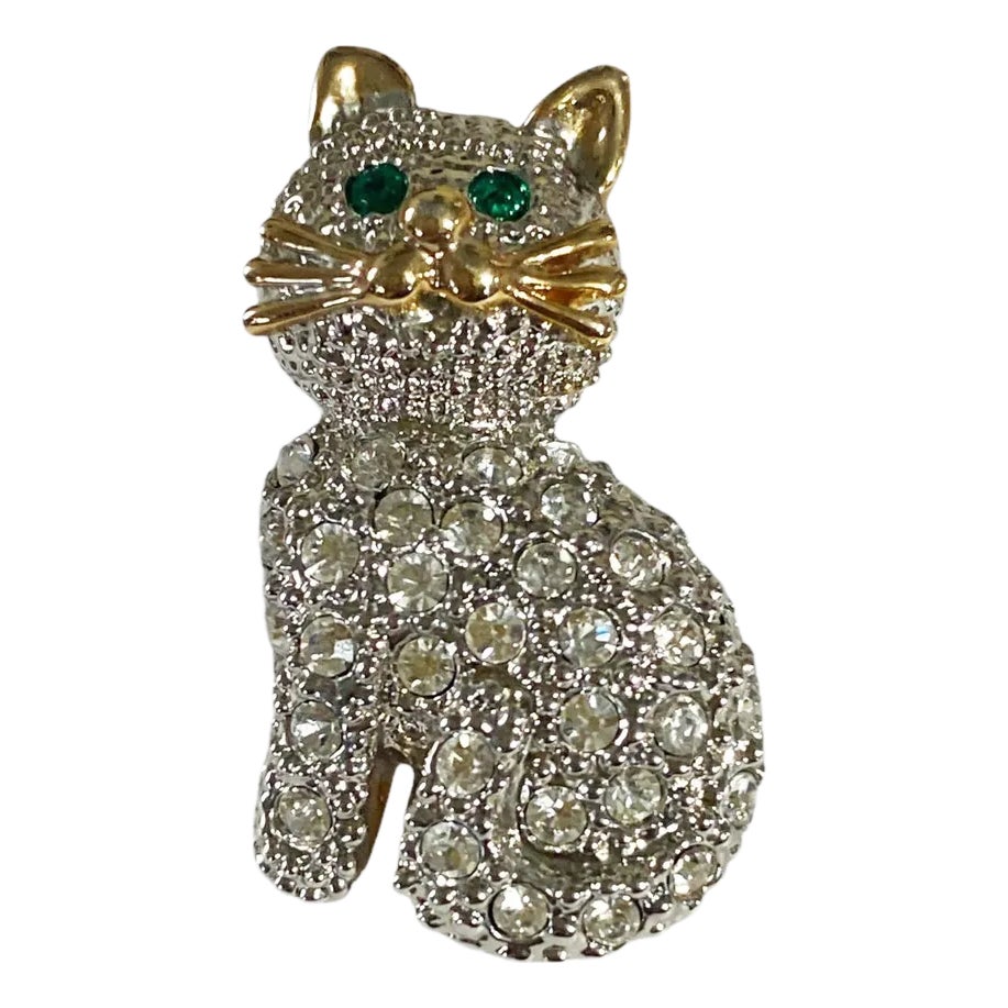 Vintage Pave Clear Rhinestone Cat Pin Gold Toned Costume Jewelry | Chairish