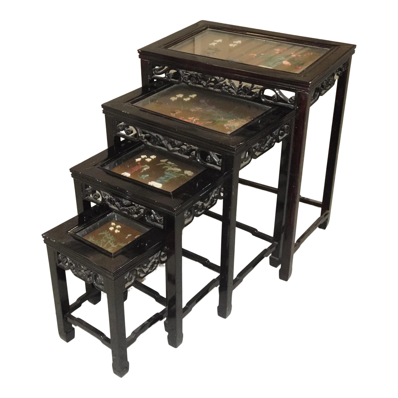 Vintage Oriental Asian Black Nesting Tables W Decorative Table Tops ...