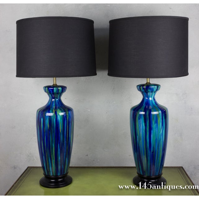 Pair of Mid-Century Modern Blue Glazed Table Lamps | Chairish