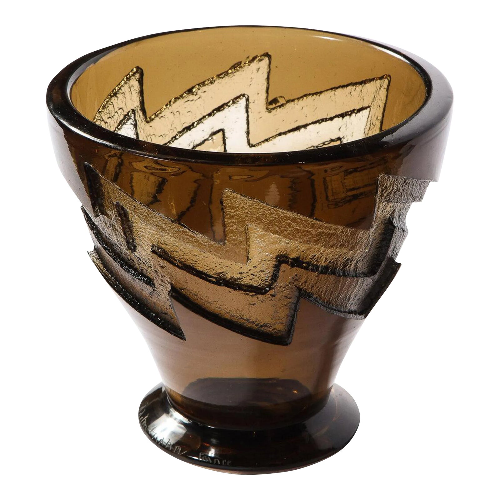 Art Deco Smoked Acid Etched Glass Vase With Zig Zag Motif Signed Daum ...