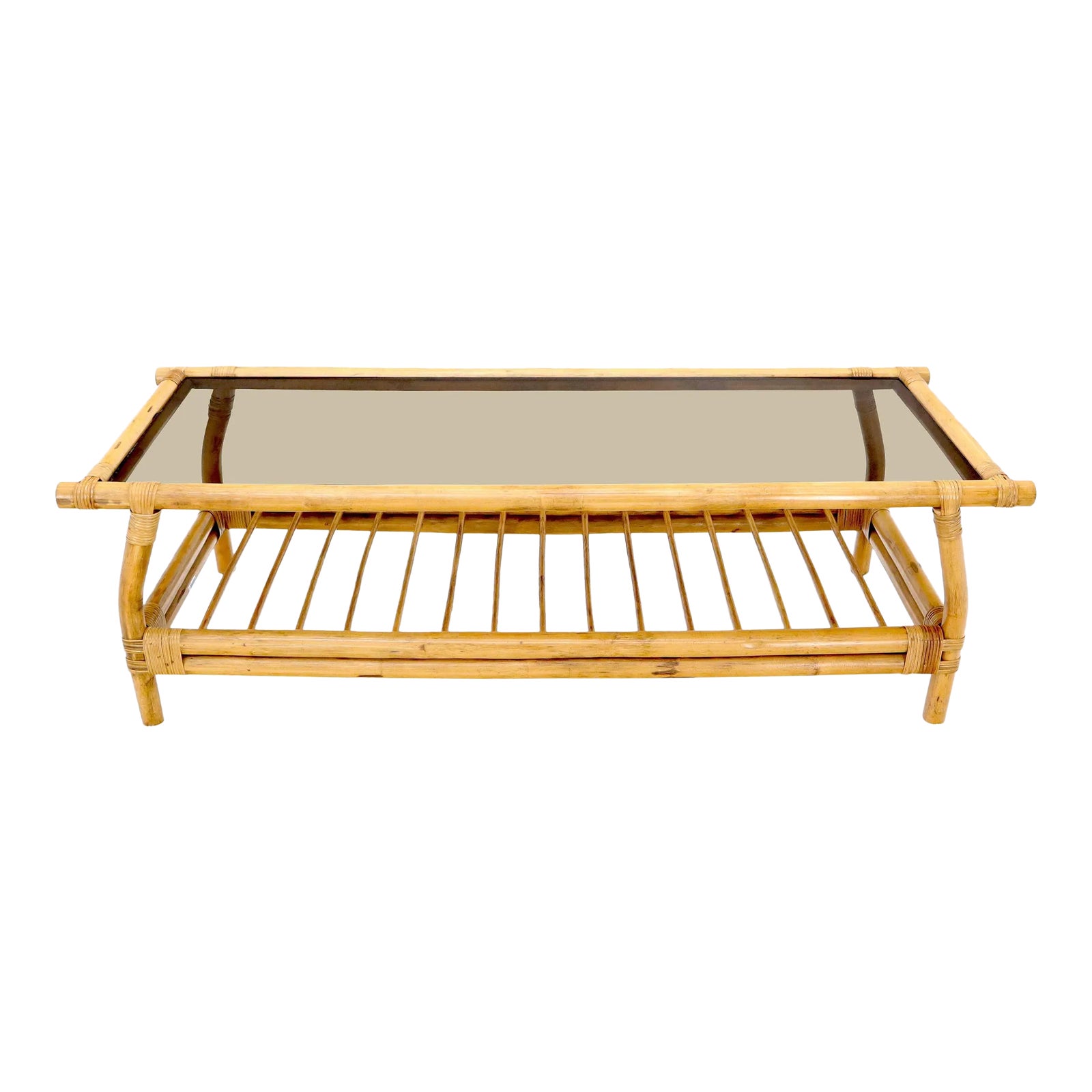 Bamboo Rattan Rectangular Smoked Glass Top Coffee Table with Dowel ...