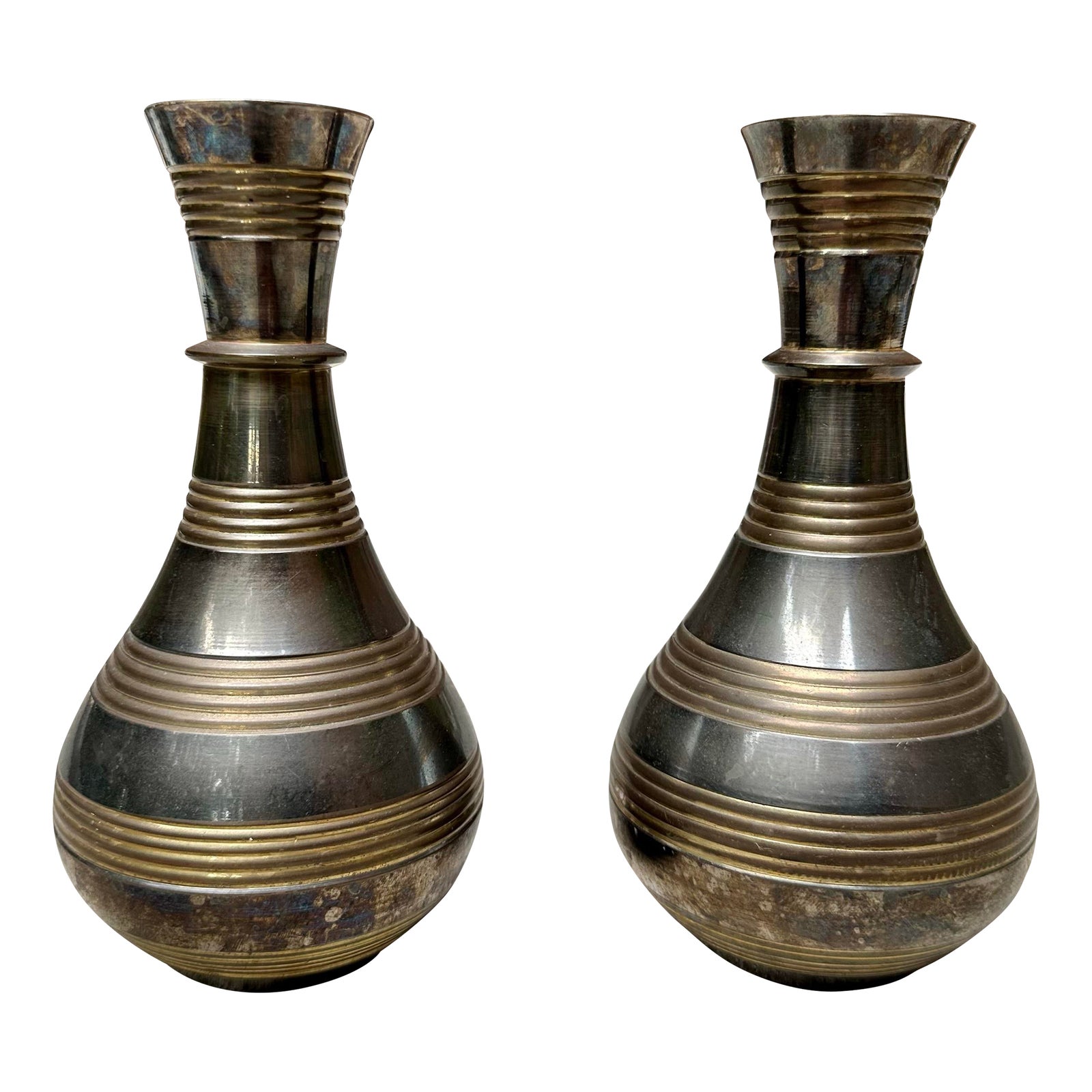 Vintage Pair of Indian Engraved Mixed Metal Vases or Candlesticks -A ...