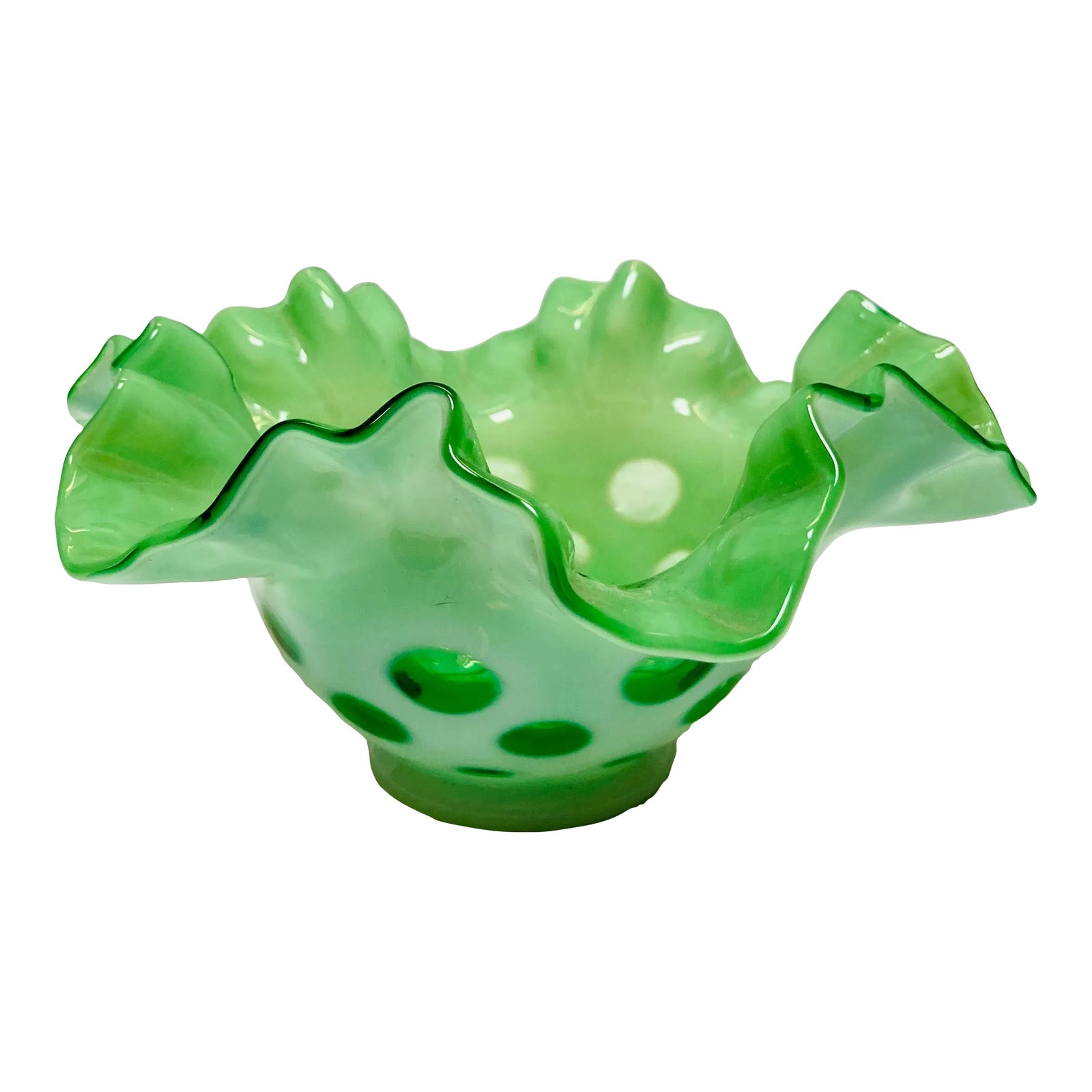 Early 20th Century Vintage Fenton Coin Dot Green Ruffled Bowl | Chairish