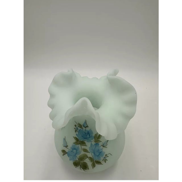 Vintage Fenton Blue Satin Finish Roses Ruffled Vase | Chairish