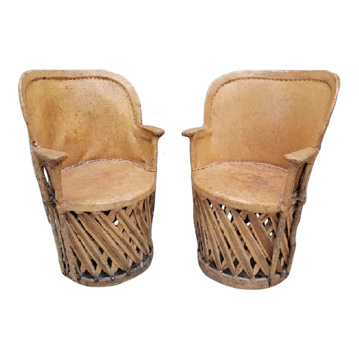Vintage North/Native American Style Leather and Wood Chairs - Pair ...