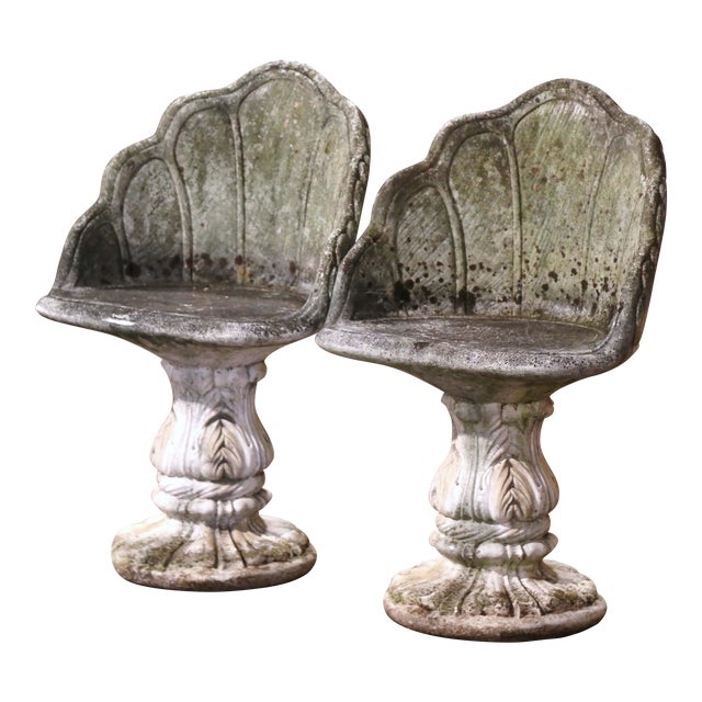 Pair of Mid Century Carved Stone Garden Chairs With Seashell Motifs ...