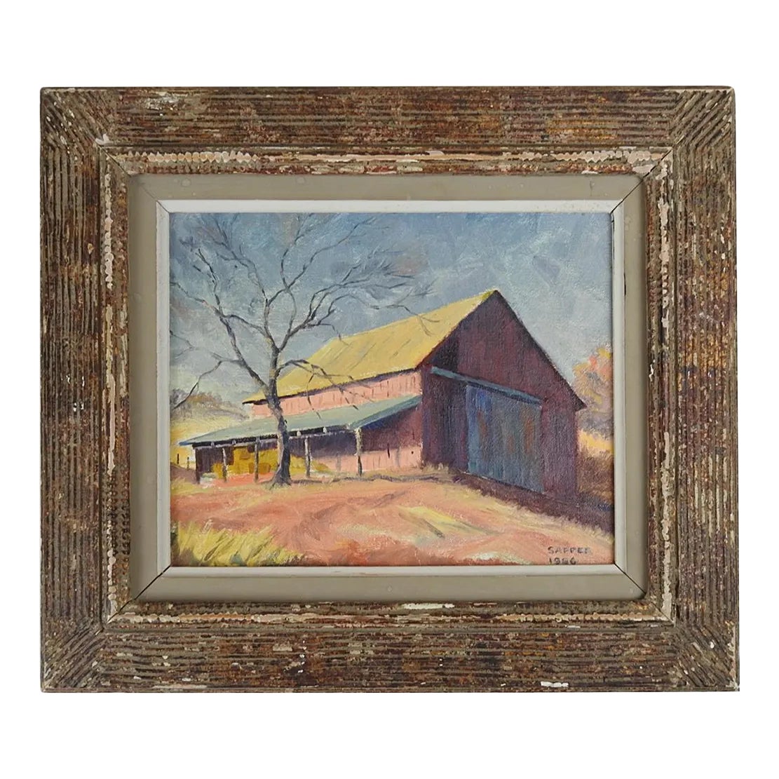 Vintage 1956 Old Rustic Red Barn Painting | Chairish
