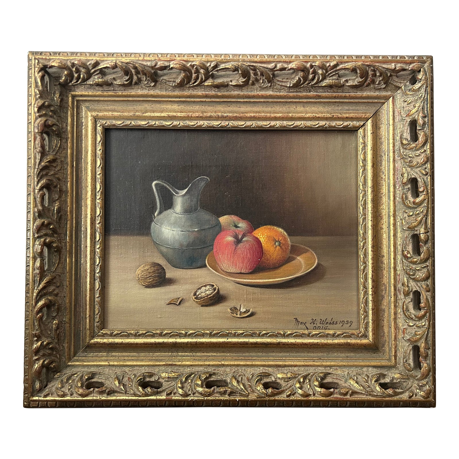 1959 H. Weiss Original Still Life Oil Painting – Fruit, Pewter Jug ...