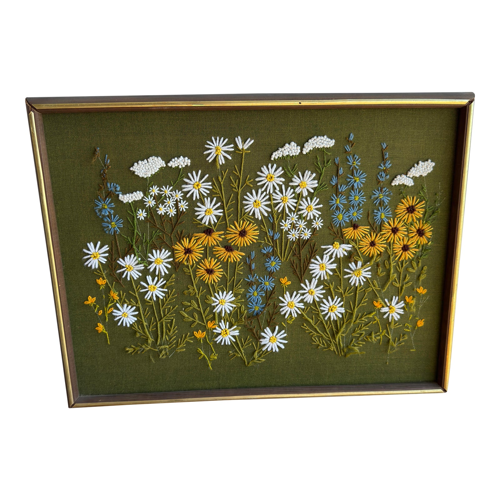 1970s Handcrafted Framed Floral Crewel Work | Chairish
