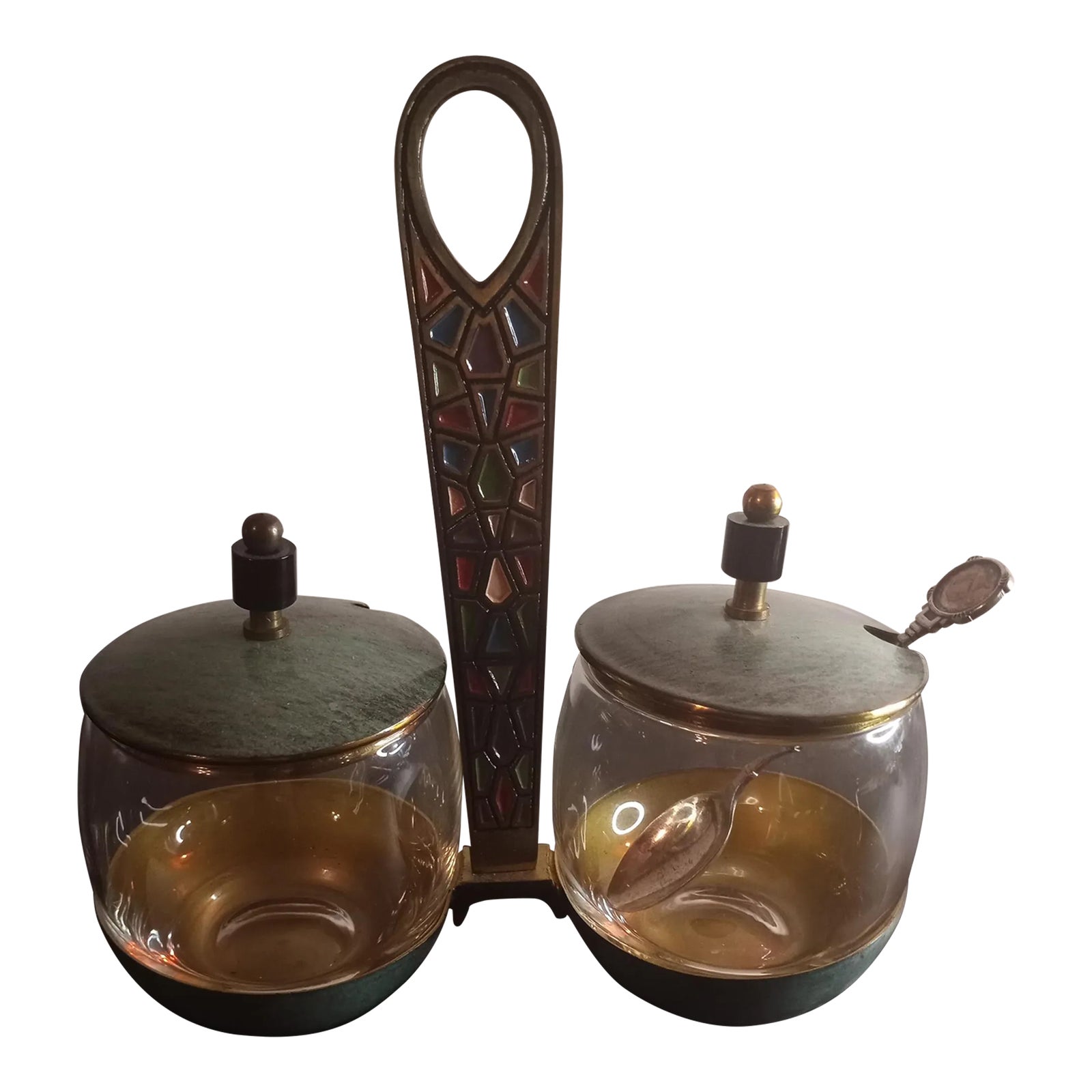 Vintage Judaica Brass Enamel Jelly Jars Table Caddy, Made in Israel- 4 ...