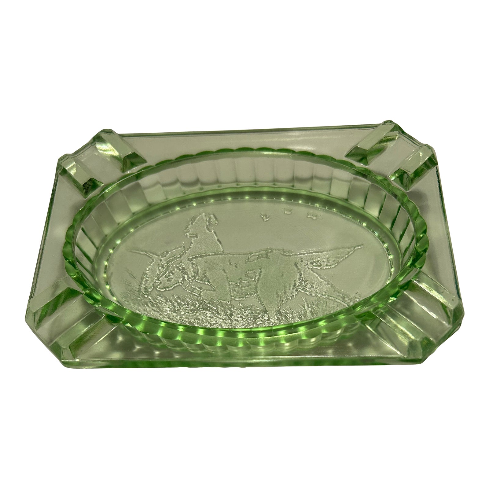 Green Uranium Glass Hunting Ashtray | Chairish