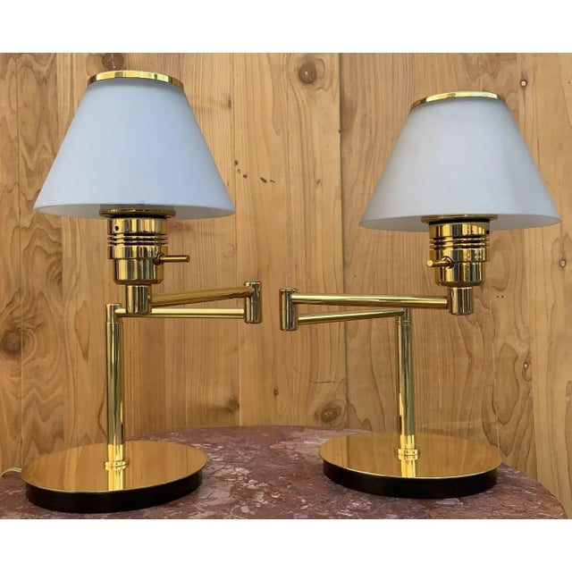 Vintage Modern Brass Swing Arm Reading Table Lamp With Glass Shades ...