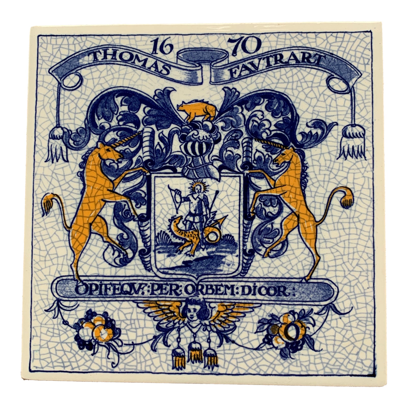 Vintage Dutch Delft Blue and White Tile Featuring a Heraldic Coat of Arms | Chairish