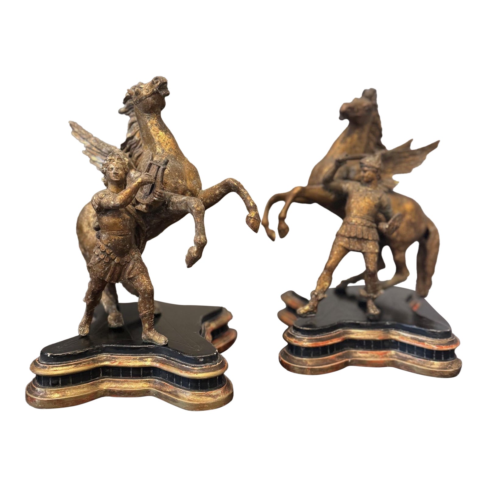 Pair of Late 19th Century Gilt Metal Pegasus & Warrior Figures on ...