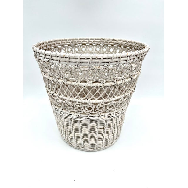 1970s White Wicker Trash Can Waste Basket | Chairish