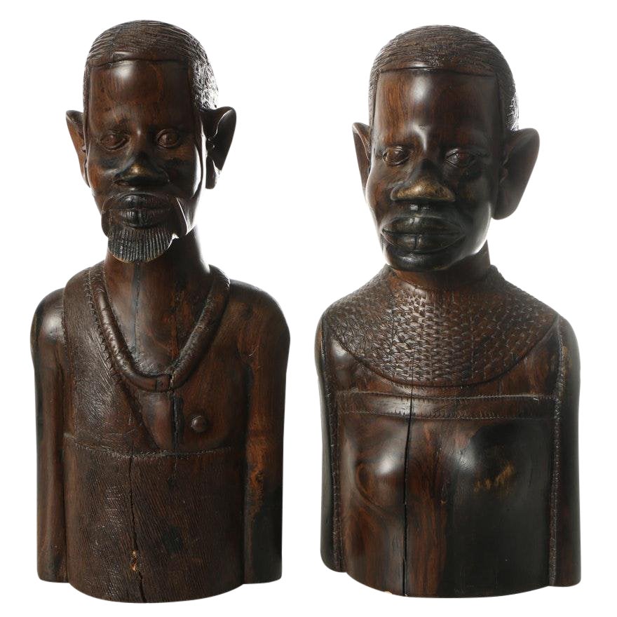 1930s African Carved Wood Busts of Male and Female - a Pair | Chairish