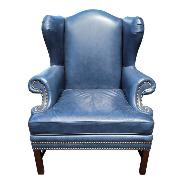 1980s Large Periwinkle Blue Leather Wing Chair | Chairish