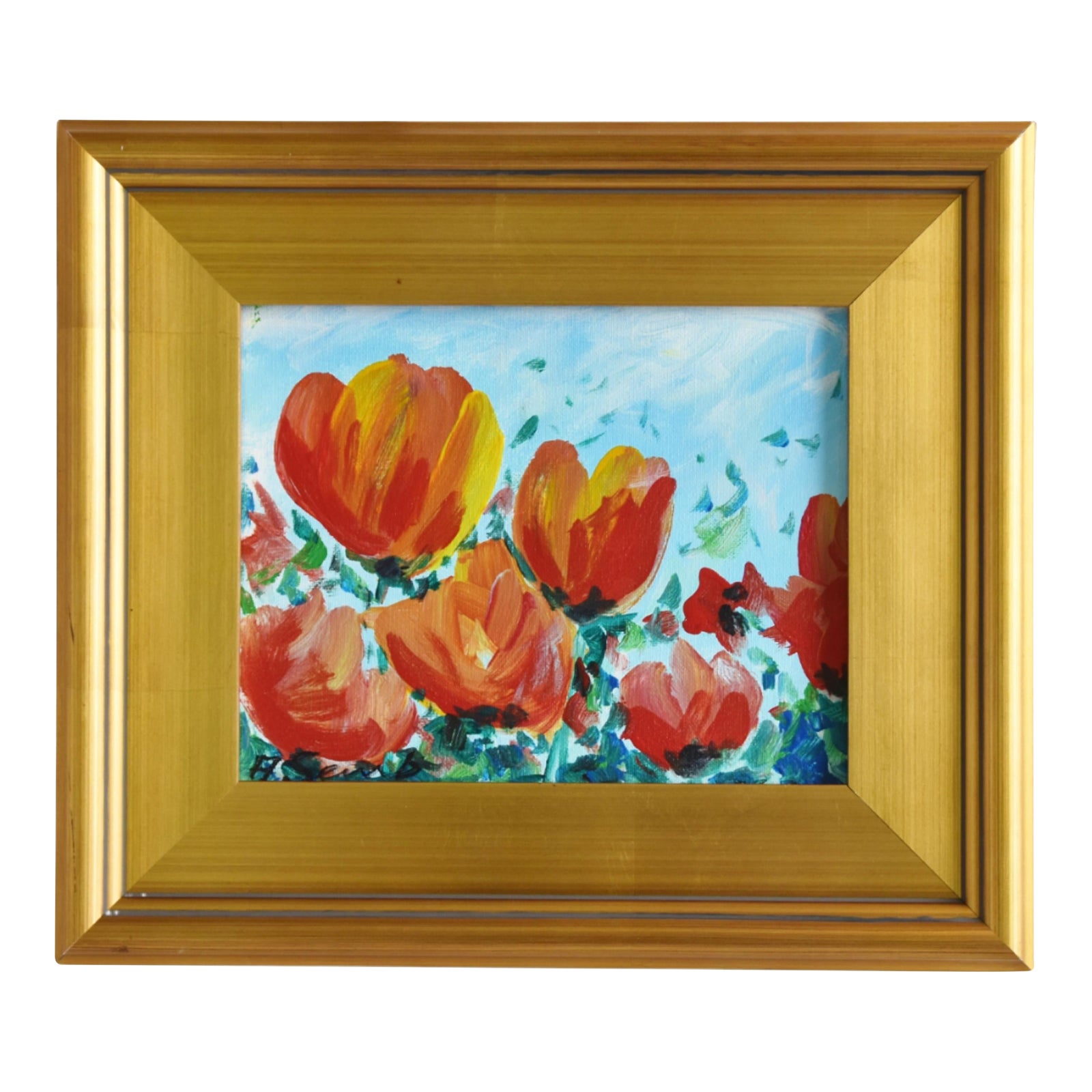 Impressionist Orange & Red Poppies Flowers Oil Painting W/ Antiqued ...