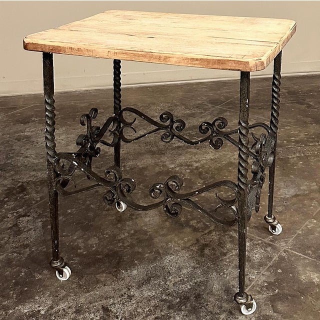 Antique Rustic Butcher Block Wrought Iron Dessert Table | Chairish