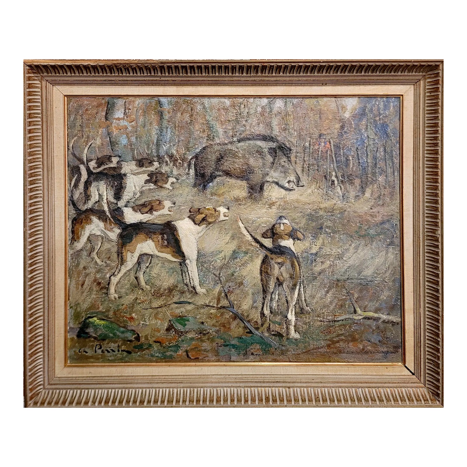 Charles Perrin-Wild Boar Hunting With Dogs -1920s Sporting Oil Painting ...